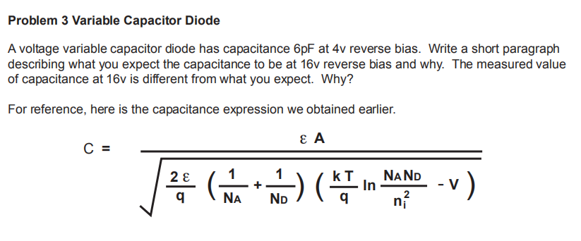 Solved Problem 3 Variable Capacitor Diode A voltage variable | Chegg.com