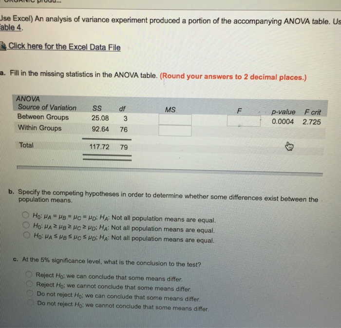 Solved Use Exce) An analysis of variance experiment produced | Chegg.com