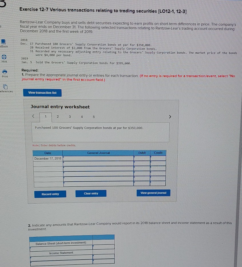 Solved Exercise 12-7 Various transactions relating to | Chegg.com