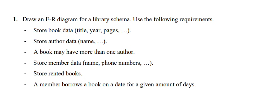 Solved 1. Draw an E-R diagram for a library schema. Use the | Chegg.com