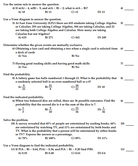 Solved Use the union rule to answer the question. 4) If n(A) | Chegg.com