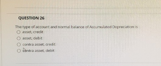 Solved QUESTION 26 The type of account and normal balance of | Chegg.com