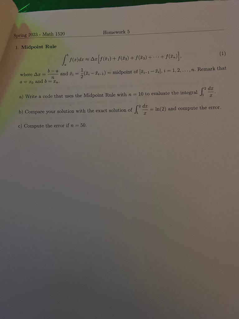 1. Midpoint Rule | Chegg.com