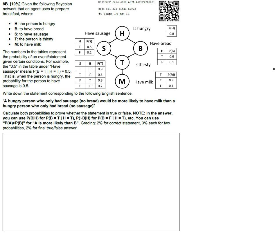 Solved 8. [20\%] Bayesian Net Inference | Chegg.com