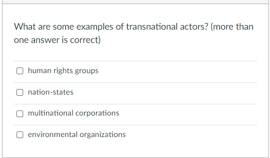 Solved What are some examples of transnational actors? (more | Chegg.com