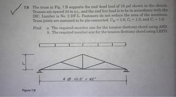 Solved The truss in Fig. 7.B supports the roof dead load of | Chegg.com