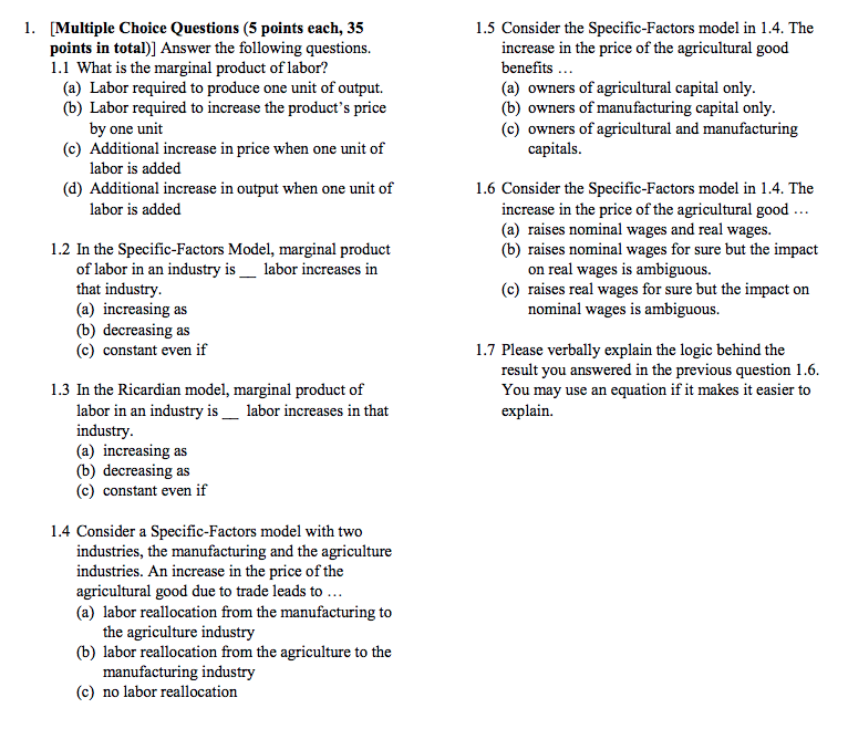Solved 1. [Multiple Choice Questions (5 points each, 35 | Chegg.com