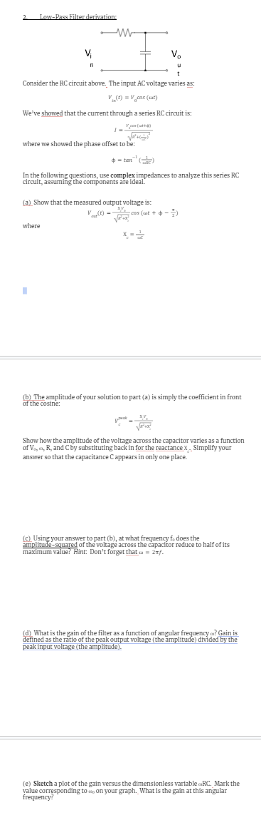Solved 2. Low-Pass Filter derivation: Consider the RC | Chegg.com