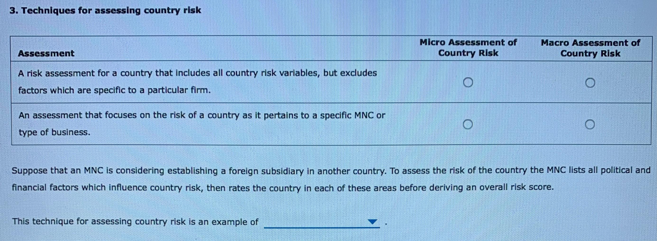 Solved 3. Techniques for assessing country risk Micro | Chegg.com