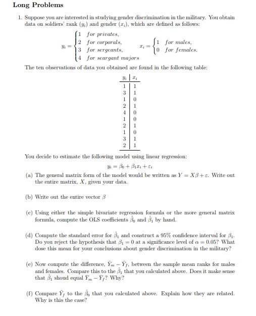 Solved Long Problems 1. Suppose you are interested in | Chegg.com