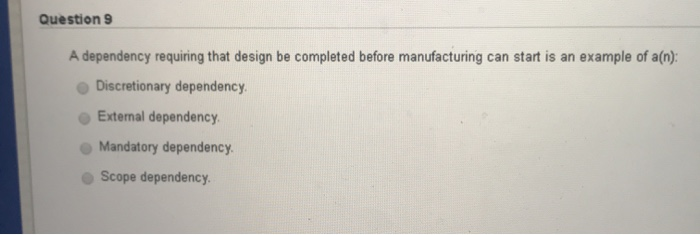 Solved Question 9 A dependency requiring that design be | Chegg.com Solved Question 9 A dependency requiring that design be | Chegg.com