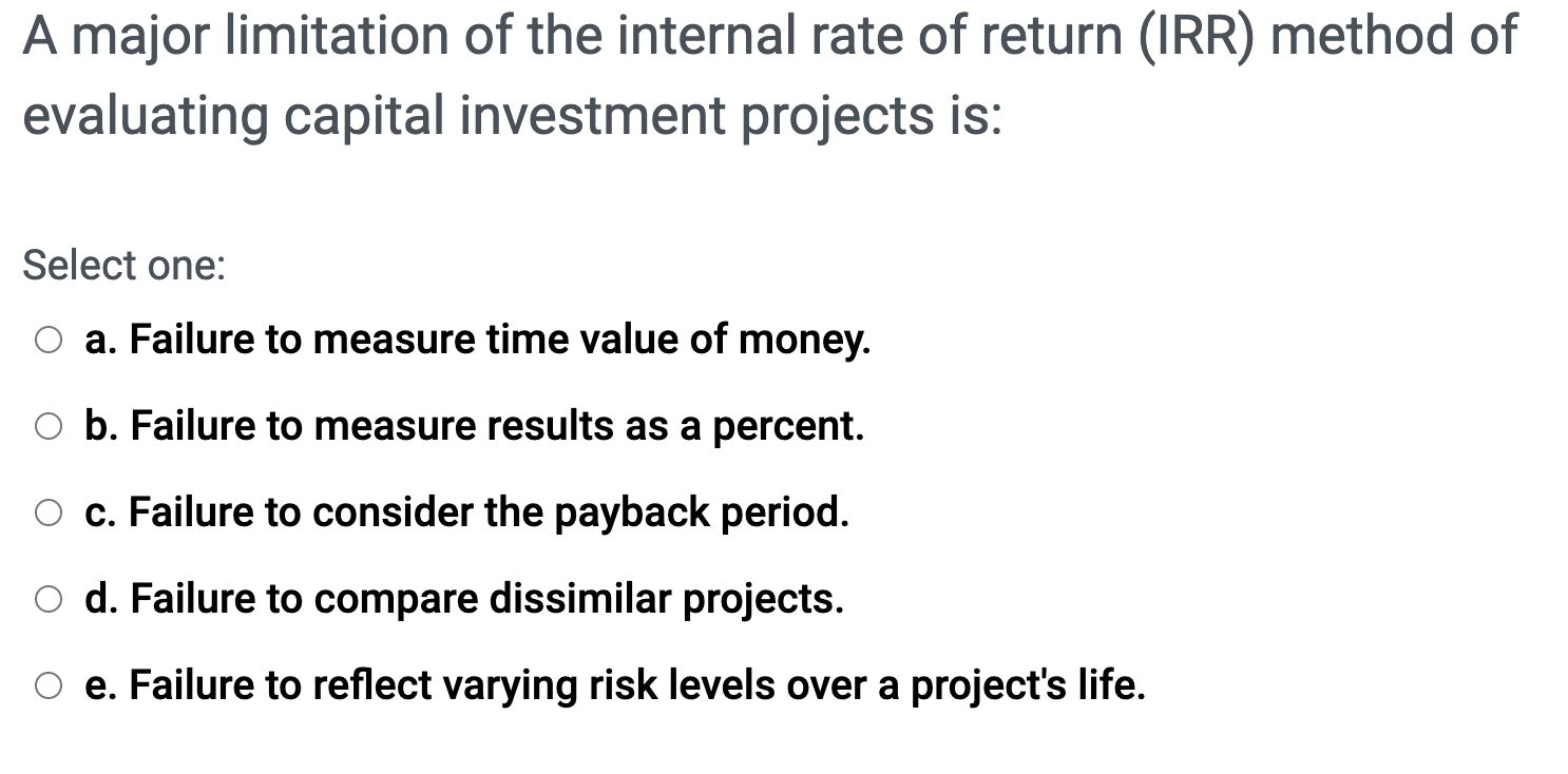 Solved A major limitation of the internal rate of return | Chegg.com