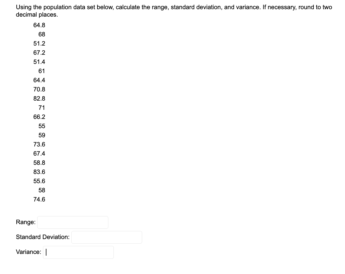 Solved Using the population data set below, calculate the | Chegg.com