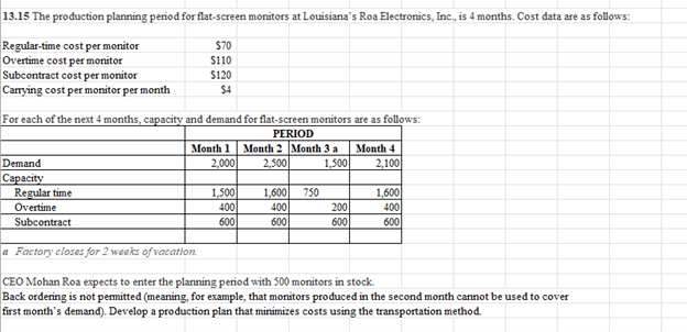 Solved 13.15 The production planning period for flat-screen | Chegg.com
