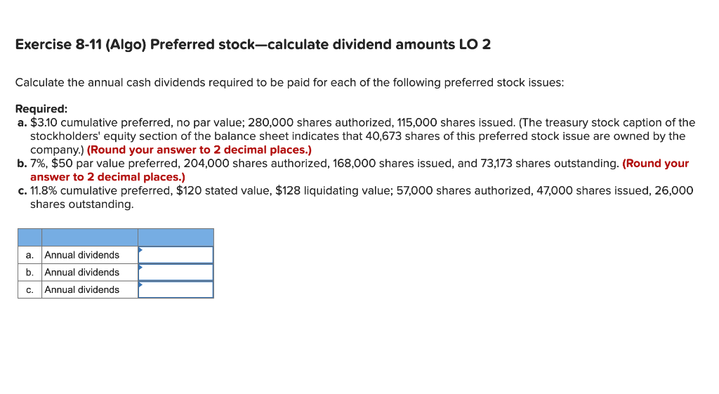 Solved Exercise 8 11 Algo Preferred Stock Calculate Chegg
