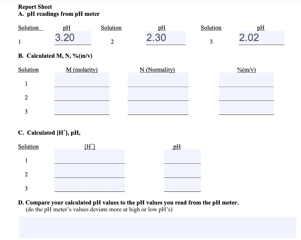 Report Sheet A. pH readings from pH meter Solution 1 | Chegg.com