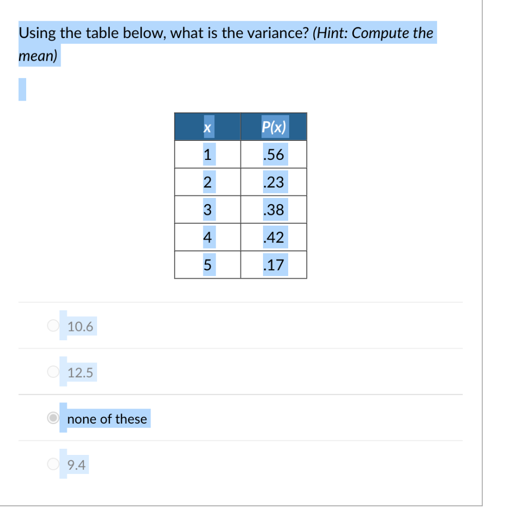 Solved Using the table below, what is the variance? (Hint: | Chegg.com