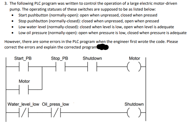 Solved 3. The following PLC program was written to control | Chegg.com