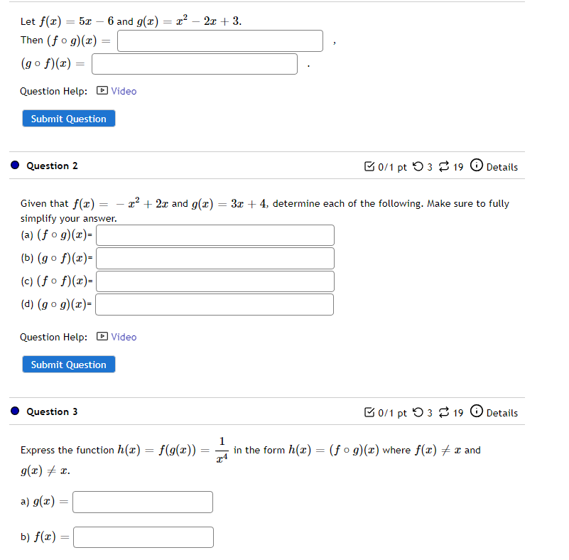 Solved Let f(x)=5x−6 and g(x)=x2−2x+3. Then (f∘g)(x)= | Chegg.com