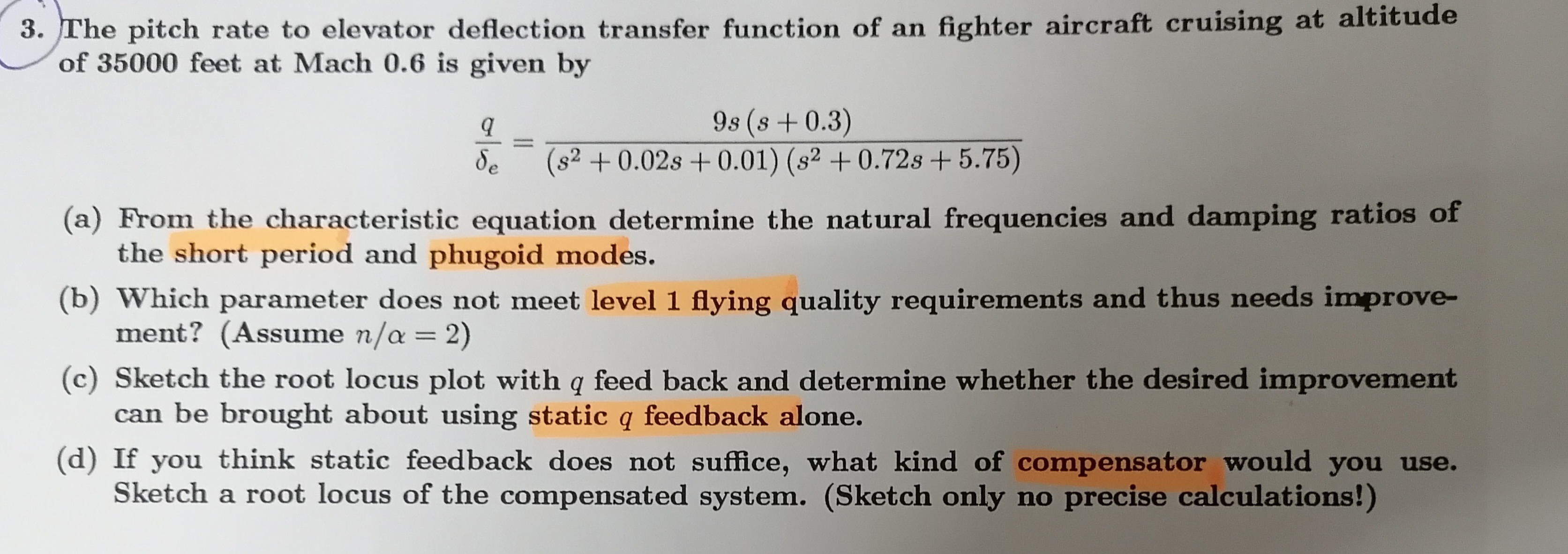 Solved 3. The pitch rate to elevator deflection transfer | Chegg.com