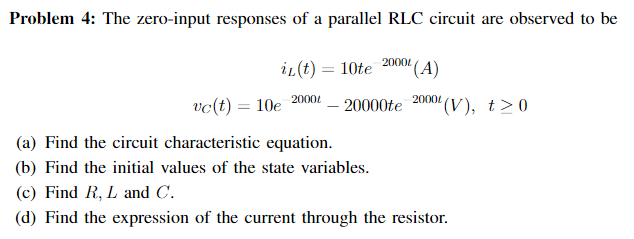 Solved Problem 4: The zero-input responses of a parallel RLC | Chegg.com