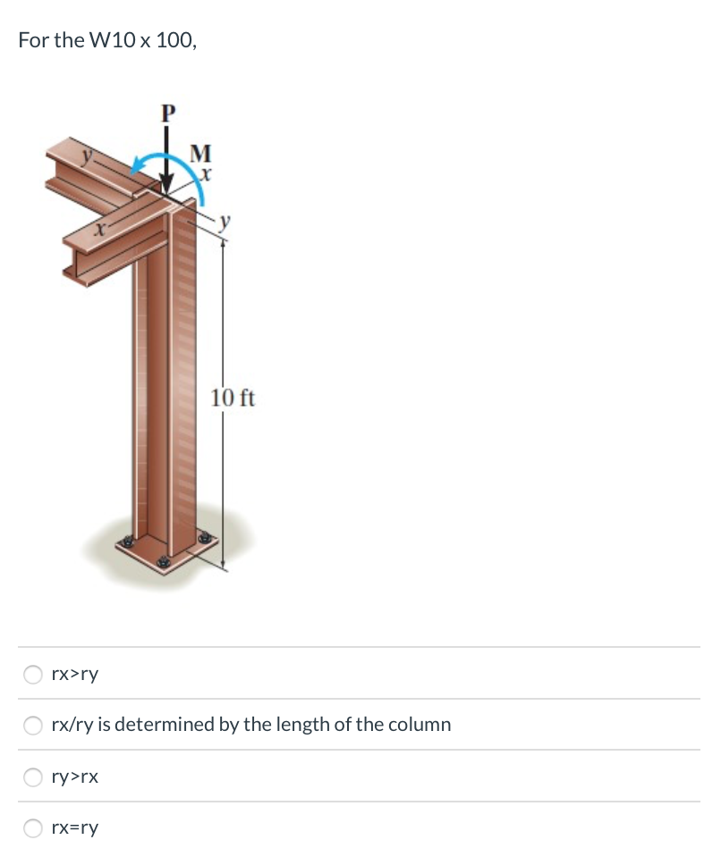 Solved For the W10 x 100, P M 10 ft rx>ry rx/ry is | Chegg.com