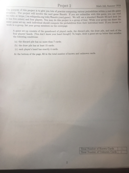 Project 2 Math 243, Summer 2018 purpose of this | Chegg.com