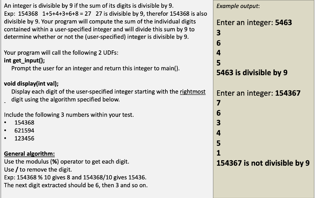 Solved Example Output An Integer Is Divisible By 9 If The 9962