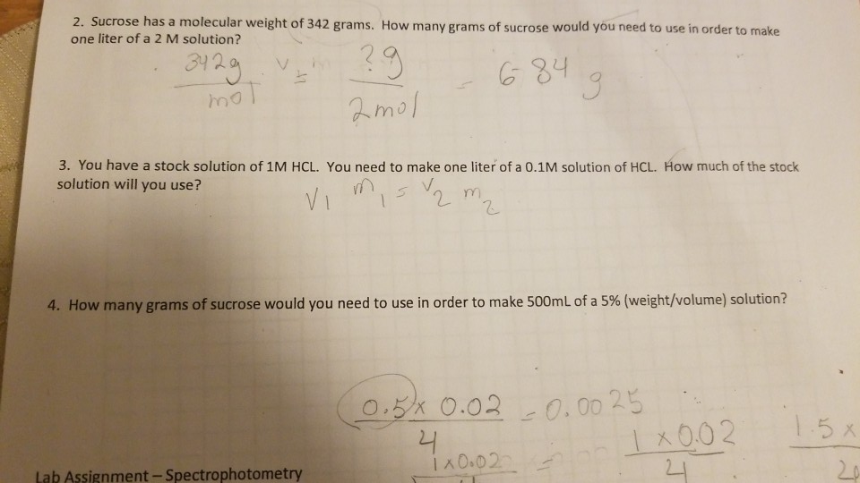 Solved 2. Sucrose has a molecular weight of 342 grams. How | Chegg.com