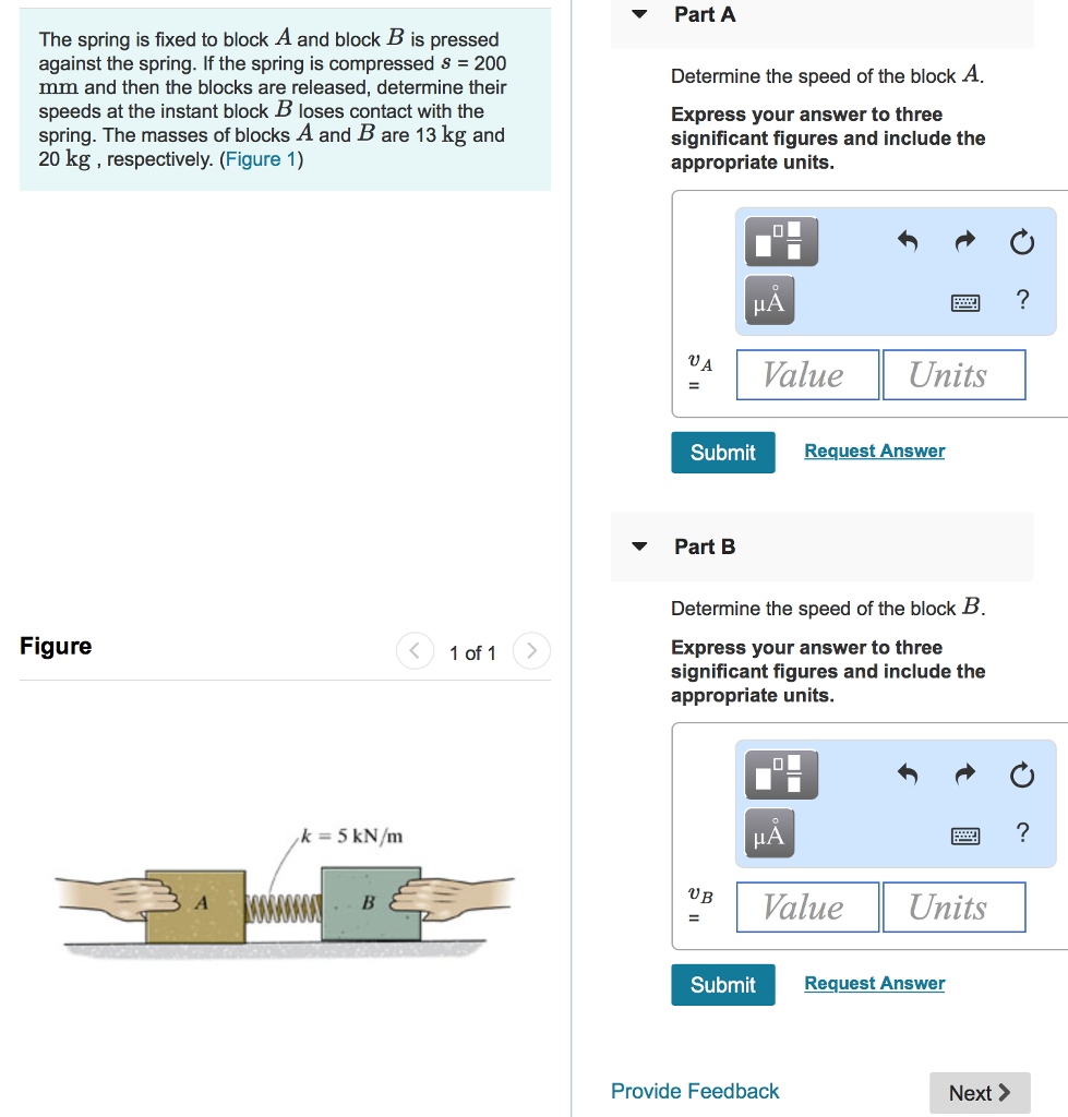Solved Part A The spring is fixed to block A and block B is | Chegg.com
