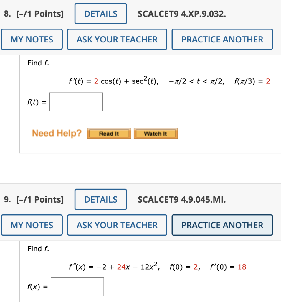 Solved 8. [-/1 Points] SCALCET9 4.XP.9.032. Find f. | Chegg.com