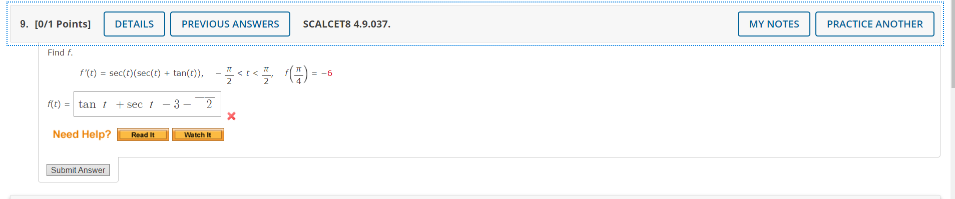 Solved 9. [0/1 Points] DETAILS PREVIOUS ANSWERS SCALCET8 | Chegg.com