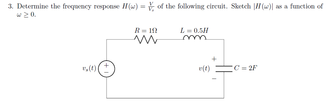 Solved 3. Determine the frequency response H(ω)=VsV of the | Chegg.com