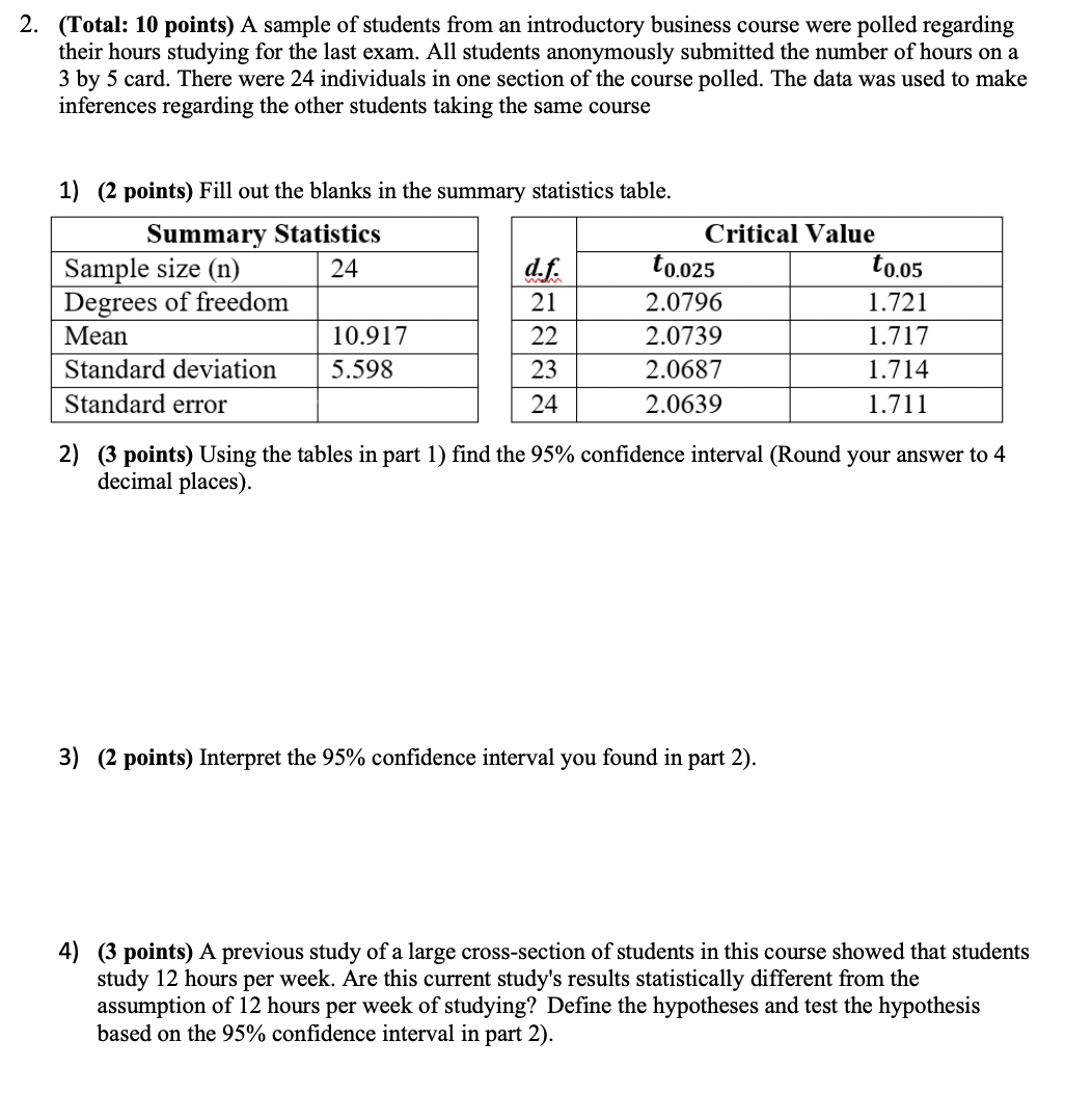 Solved (Total: 10 points) A sample of students from an | Chegg.com