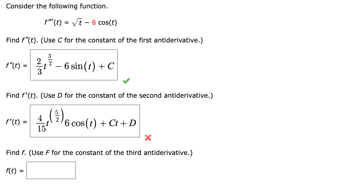 Solved Consider the following function. f"(t) = vt = 6 | Chegg.com