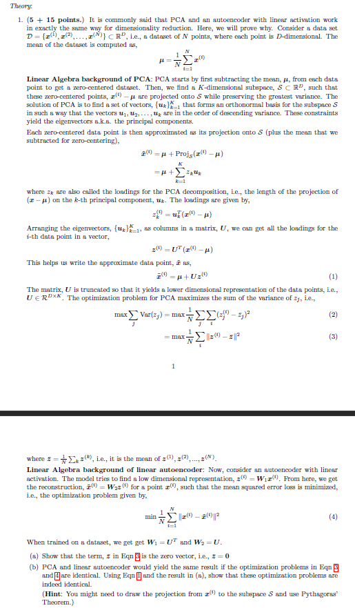 Solved (5+15 ﻿points. ) It is ﻿commonly said that PCA and an | Chegg.com