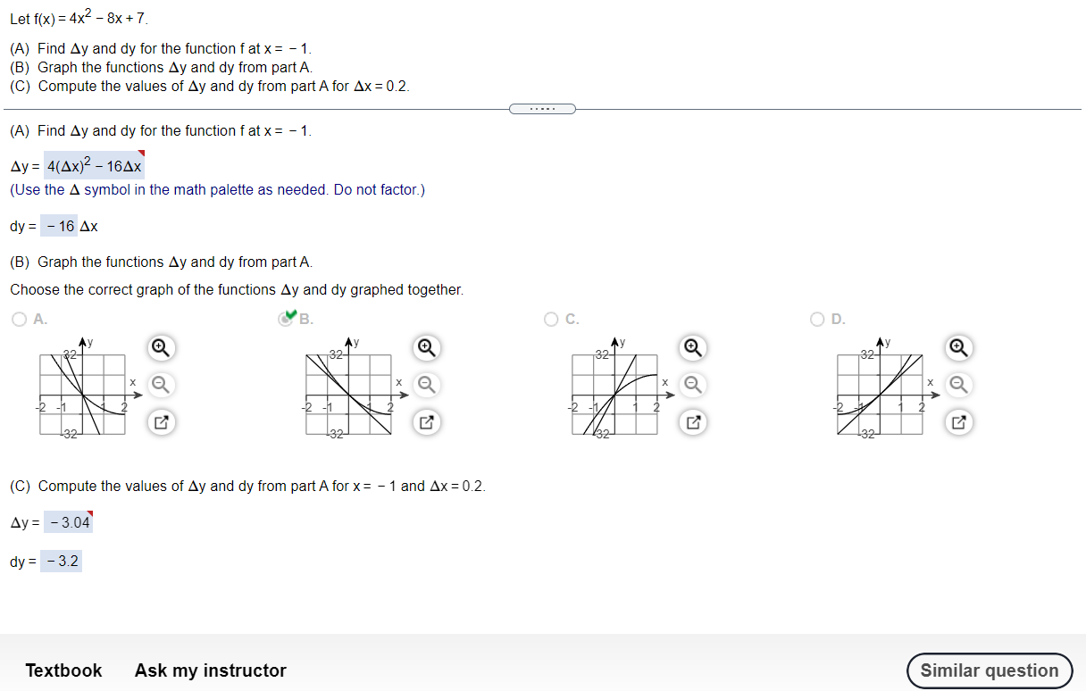 Solved Let f(x) = 4x2 - 8x +7 (A) Find Ay and dy for the | Chegg.com