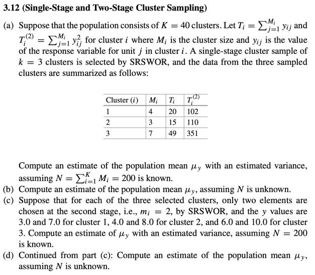 M = 3.12 (Single-Stage and Two-Stage Cluster | Chegg.com