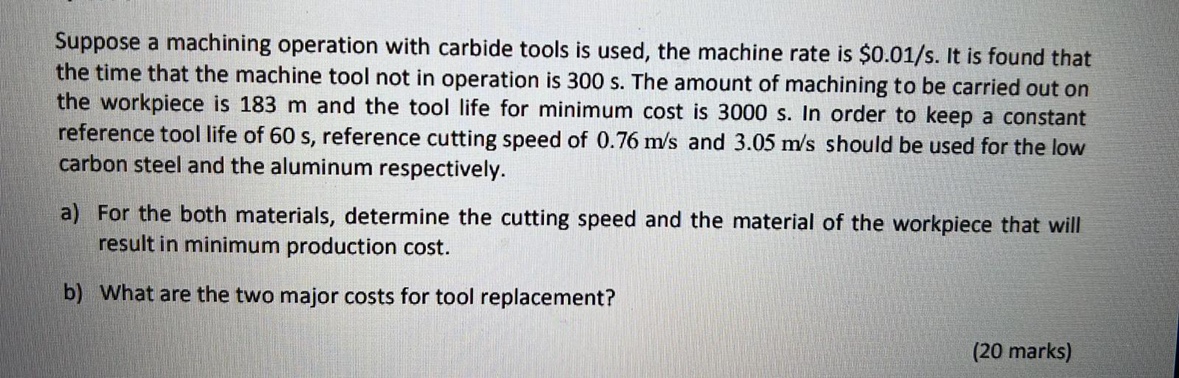 Solved Suppose a machining operation with carbide tools is | Chegg.com