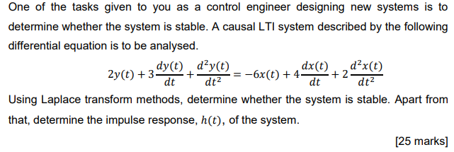 Solved One of the tasks given to you as a control engineer | Chegg.com