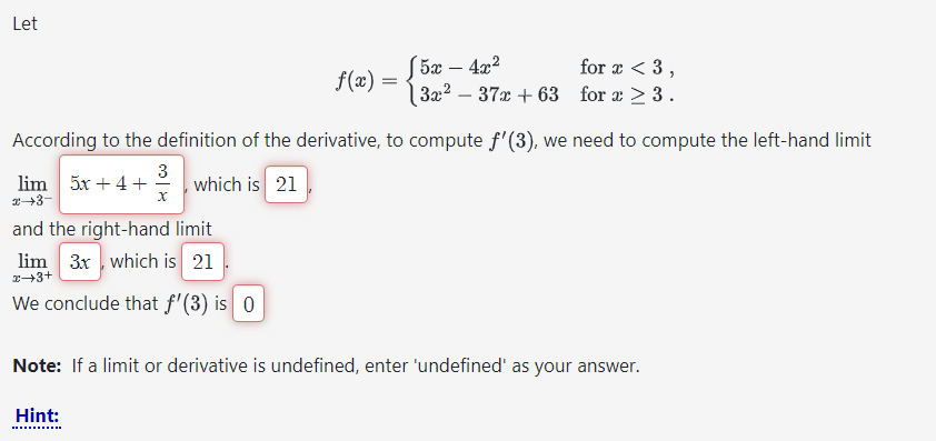 Solved Let f(x)={5x−4x23x2−37x+63 for x