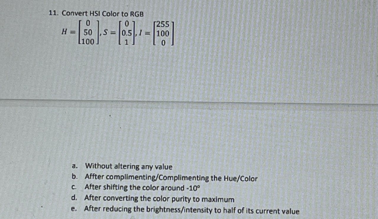 Solved Convert HSI Color to | Chegg.com