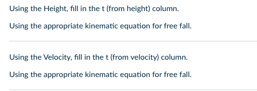 Solved Using the Height, fill in the t (from height) column. | Chegg.com