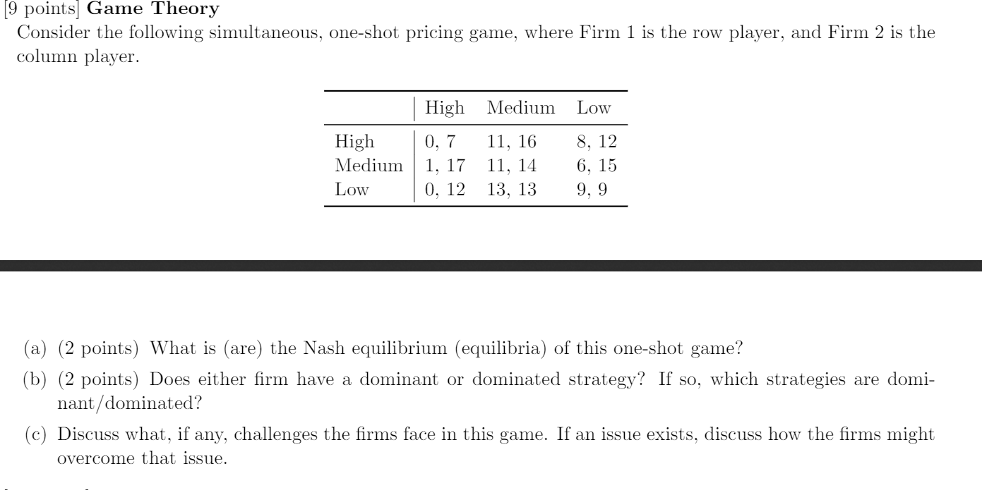 Solved (9 points) Game Theory Consider the following | Chegg.com