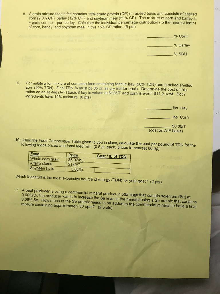 #10) Calculate the cost per pound of TDN for the | Chegg.com