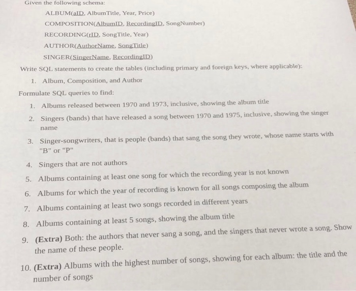 Solved Given the following schema: ALBUM(aID, AlbumTitle, | Chegg.com