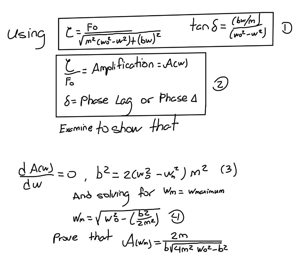 Solved Using c=m2(ω02−w2)+(bw)2F0tanδ=(ω02−w2)(bw/m) F0ζ= | Chegg.com