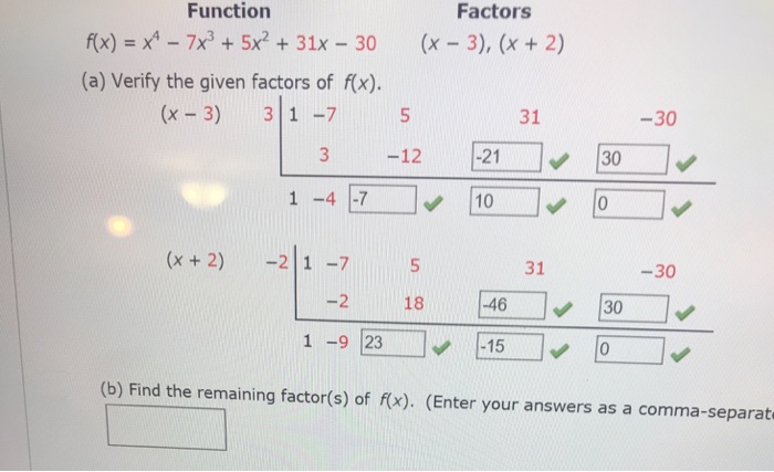 Solved Function rx) =x"-7x3 + 5x2 + 31x-30 (a) Verify the | Chegg.com