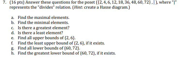 Solved 7. (16 pts) Answer these questions for the poset | Chegg.com