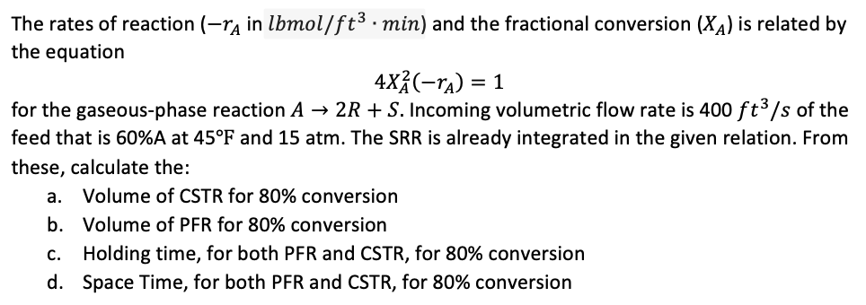 Solved The rates of reaction (-ra in lbmol/ft3. min) and the | Chegg.com